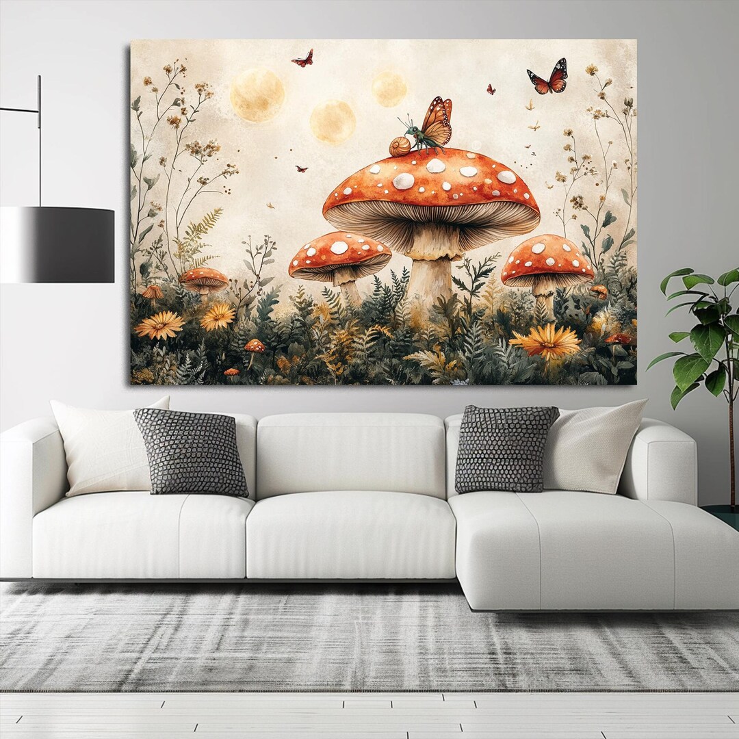 Vintage Mushroom Canvas Wall Art: Floral Butterfly Watercolor Art - Etsy