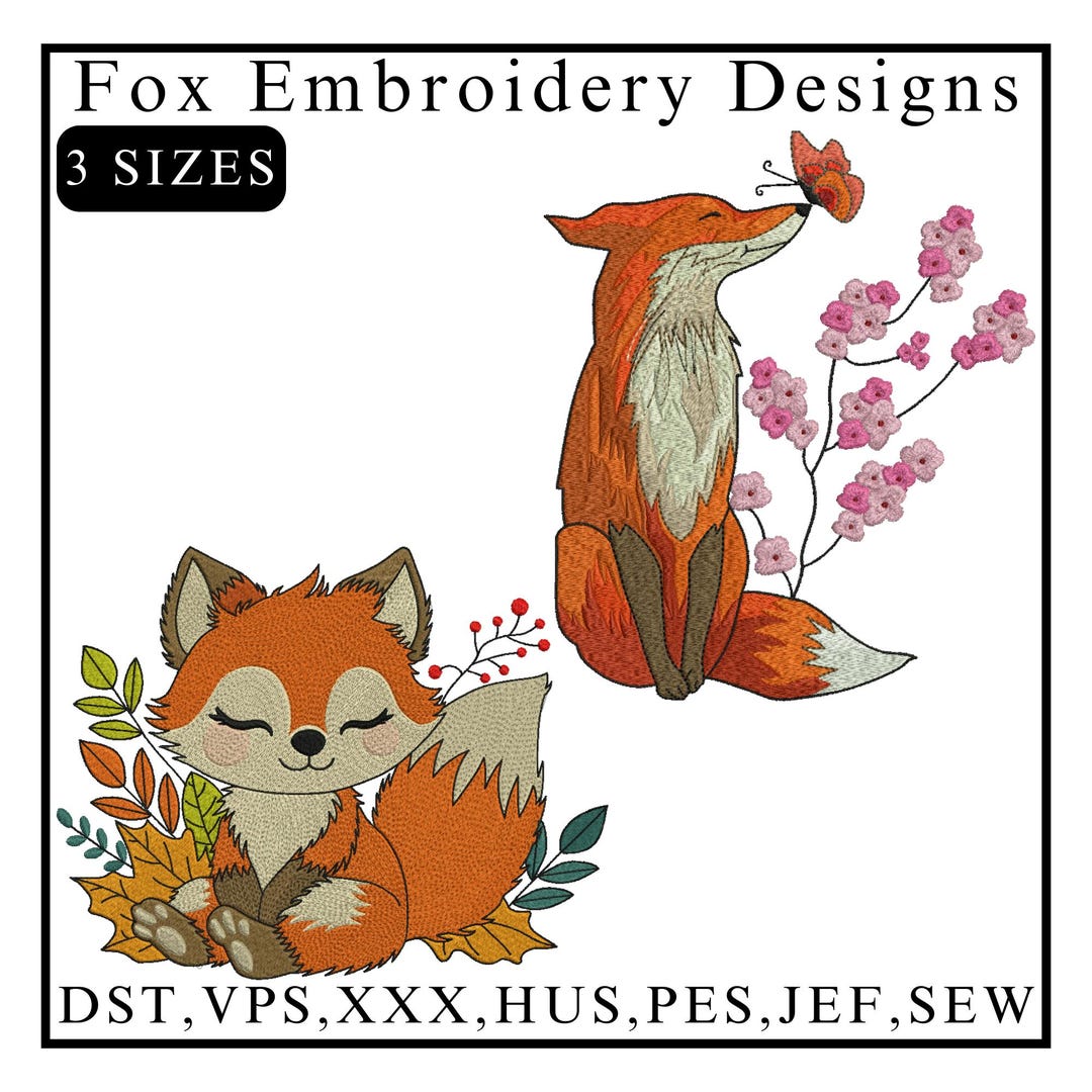 Fox Embroidery Design, Baby Fox Embroidery, Fox in Autumn, Cute Fox ...