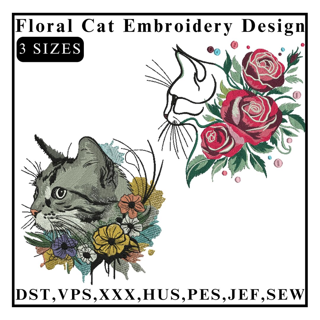 Floral Cat Embroidery Design, Cat Flower Boho Motive, Cat Embroidery ...