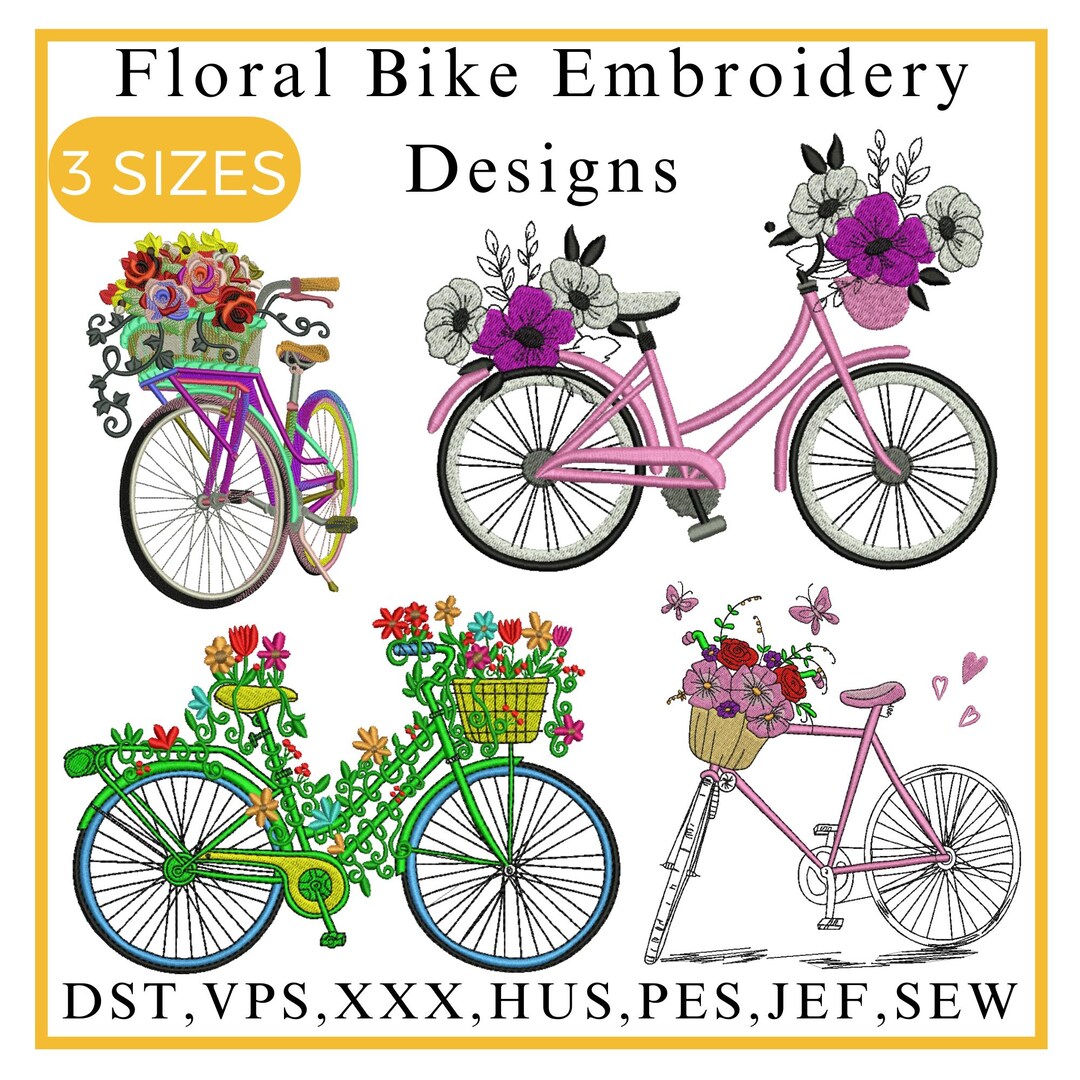 Bicycle Embroidery Design, Floral Bike Embroidery, Bike Embroidery ...