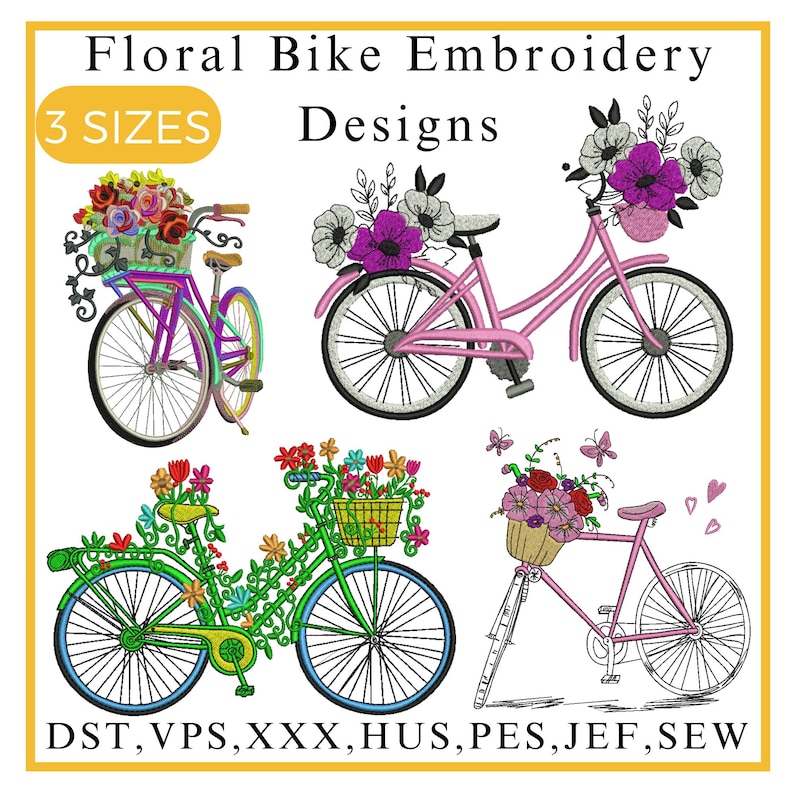 Bicycle Embroidery Design, Floral Bike Embroidery, Bike Embroidery ...