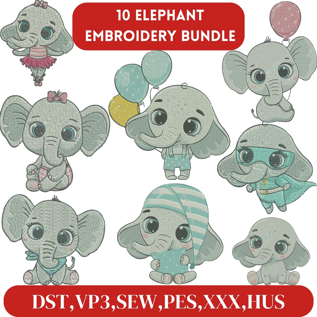 Elephants Embroidery Design, Baby Elephants Embroidery, Safari ...