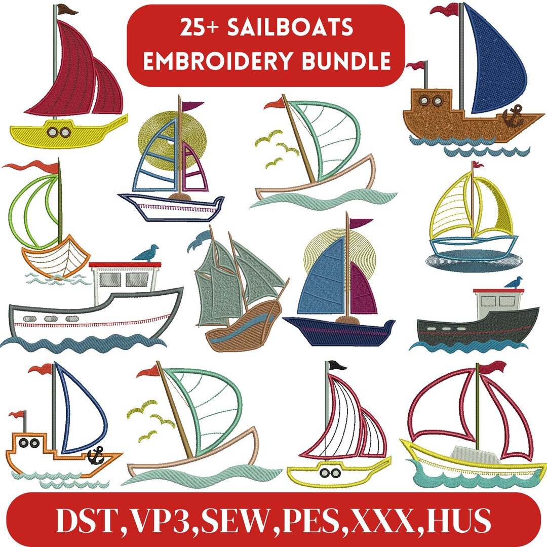 Sailboat Embroidery Design, Sailboat and Sea Motif, Sailboat Applique ...