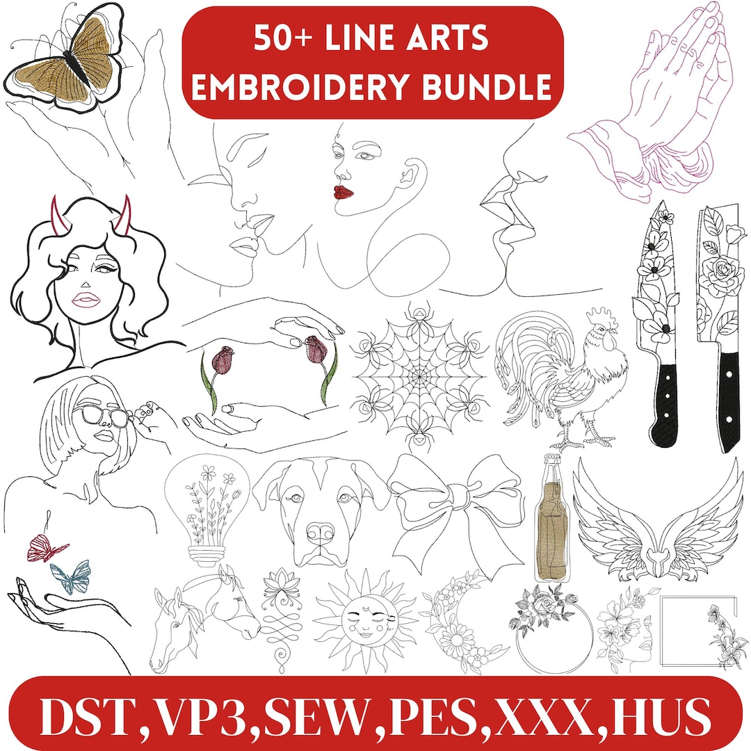 Line Art Embroidery Design, Butterfly Line Art Embroidery, Floral Lady ...