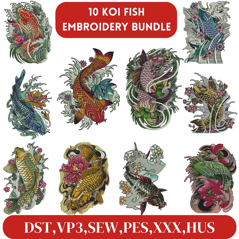 Japanese Koi Embroidery Design, Two Koi Fish Embroidery, Koi Embroidery ...