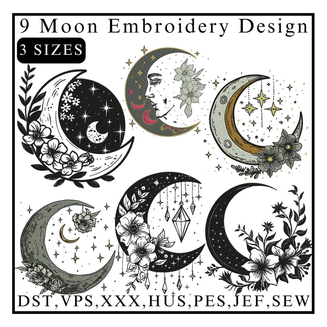 Moon Embroidery Design, Floral Moon Embroidery, Moon Silhouette, Moon ...