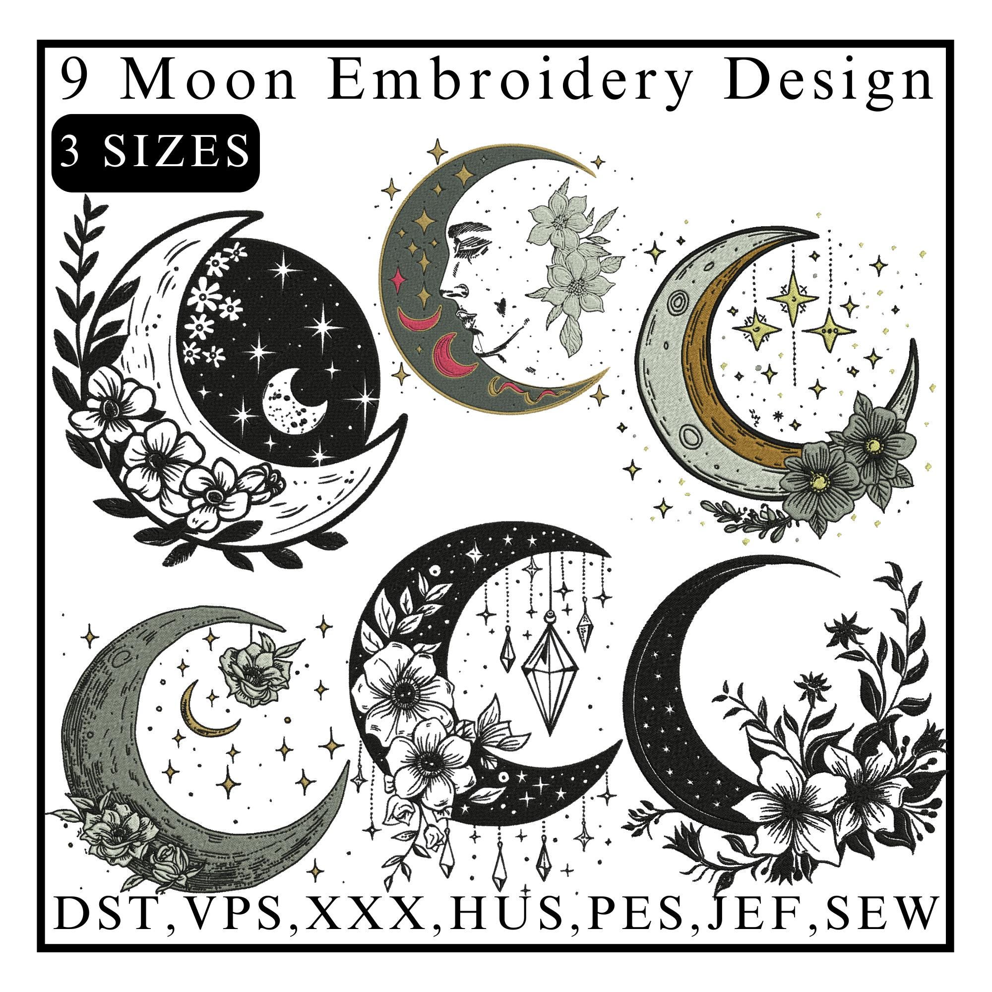 Moon Embroidery Design, Floral Moon Embroidery, Moon Silhouette, Moon ...