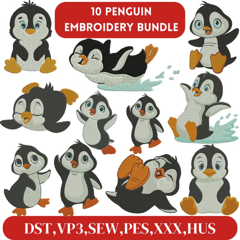Penguin Embroidery Design, Mini Penguin Embroidery, Penguin Friends ...