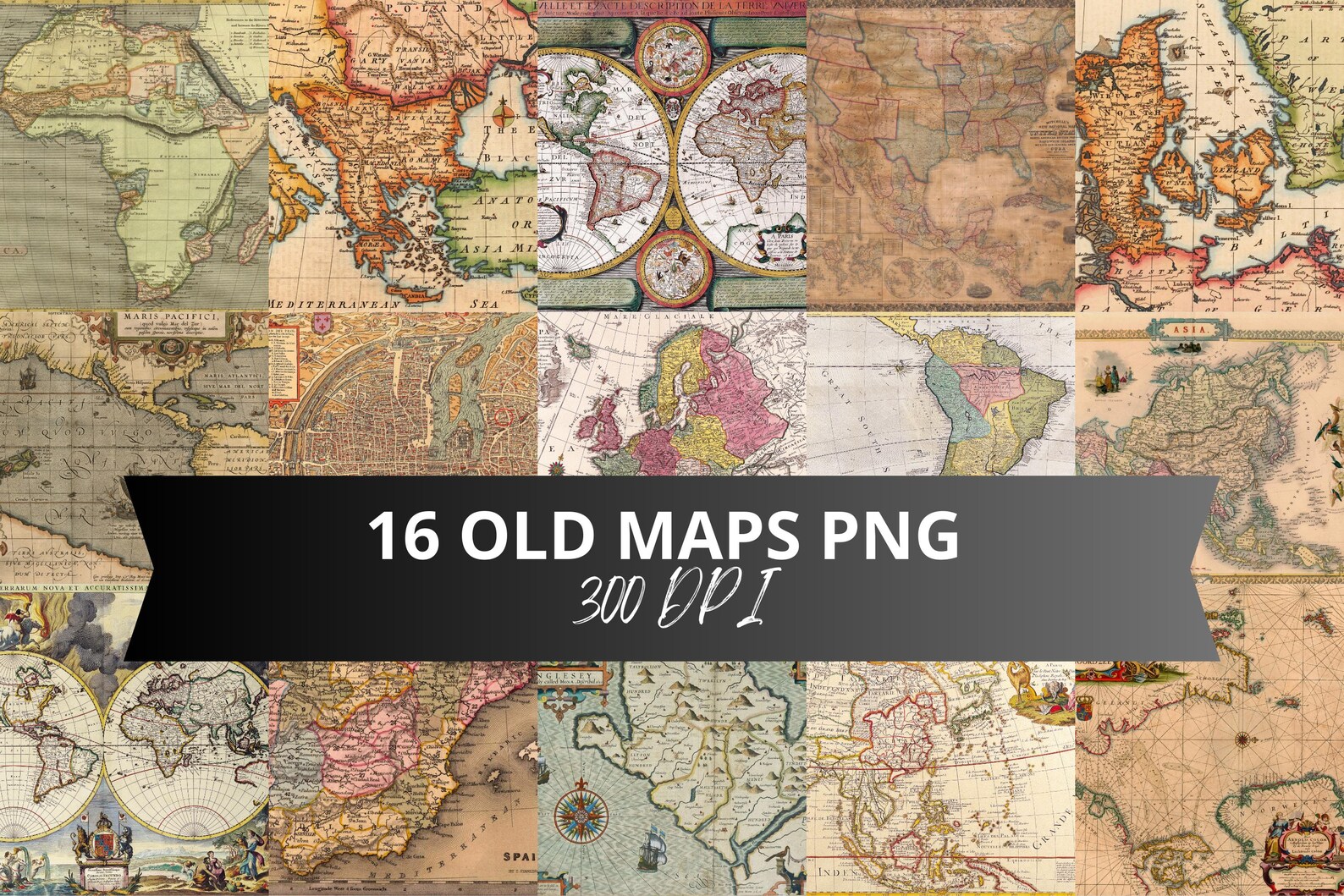 Old Map Clipart, Old Treasure Map Clipart Bundle, Vintage Map Designs ...