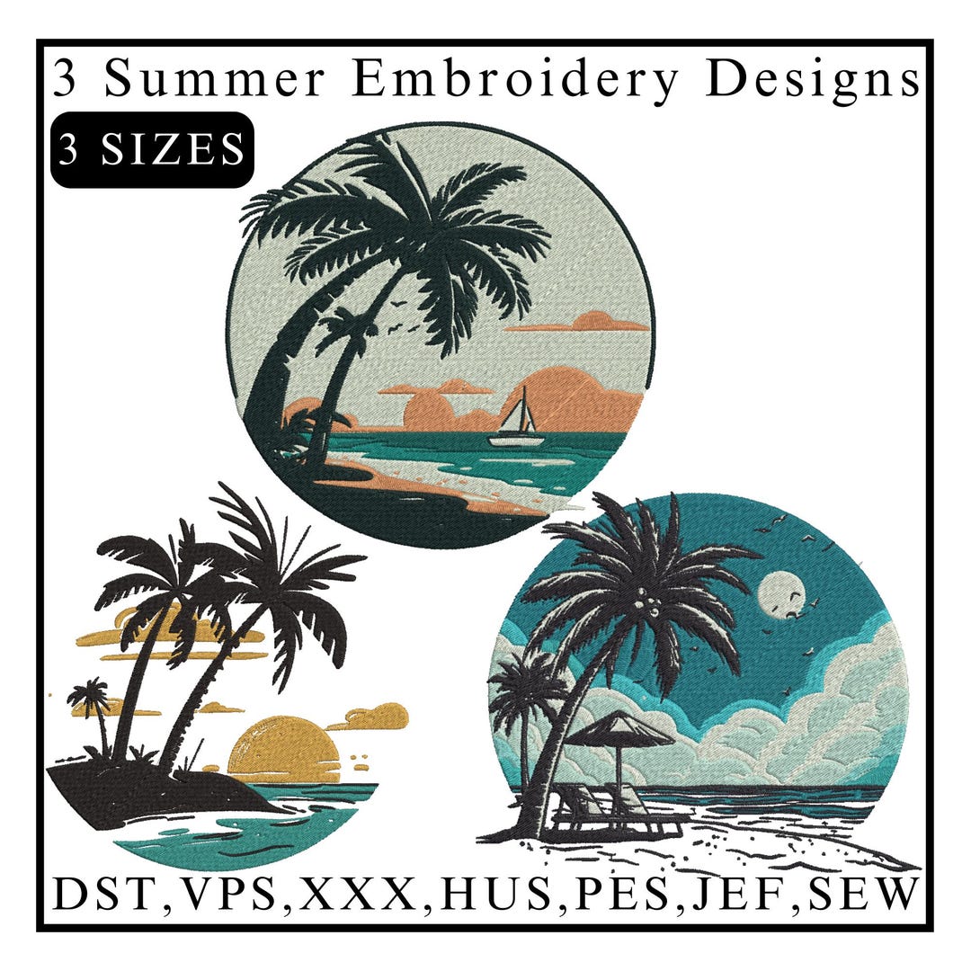 Summer Embroidery Design, Beach Embroidery, Palm Tree Embroidery ...