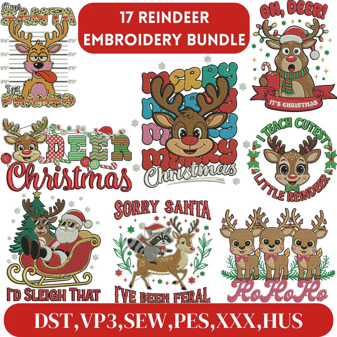 Reindeer Embroidery Design, Christmas Reindeer Embroidery, Christmas ...