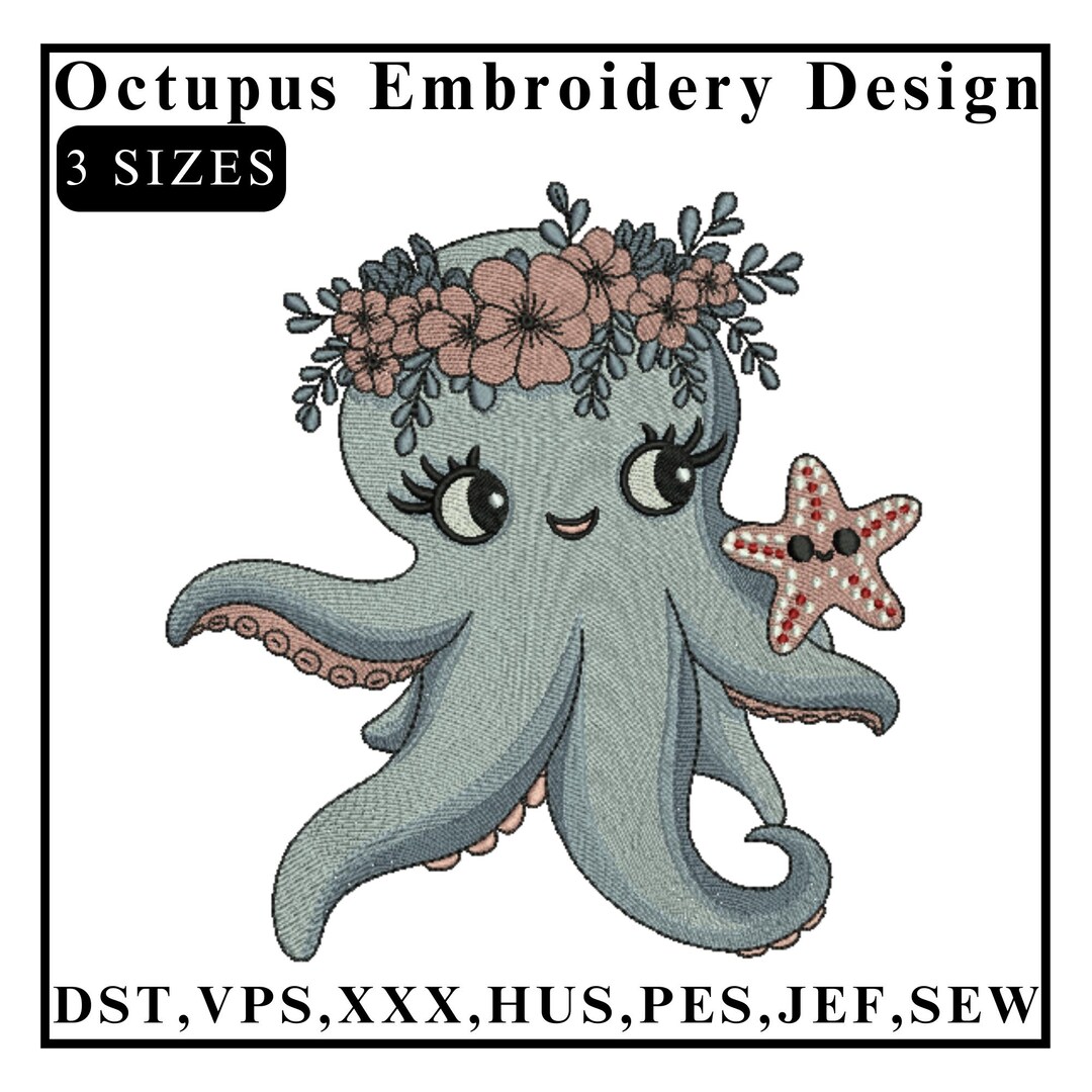 Octopus Embroidery Design, Cute Floral Octopus Embroidery, Octopus Mini ...