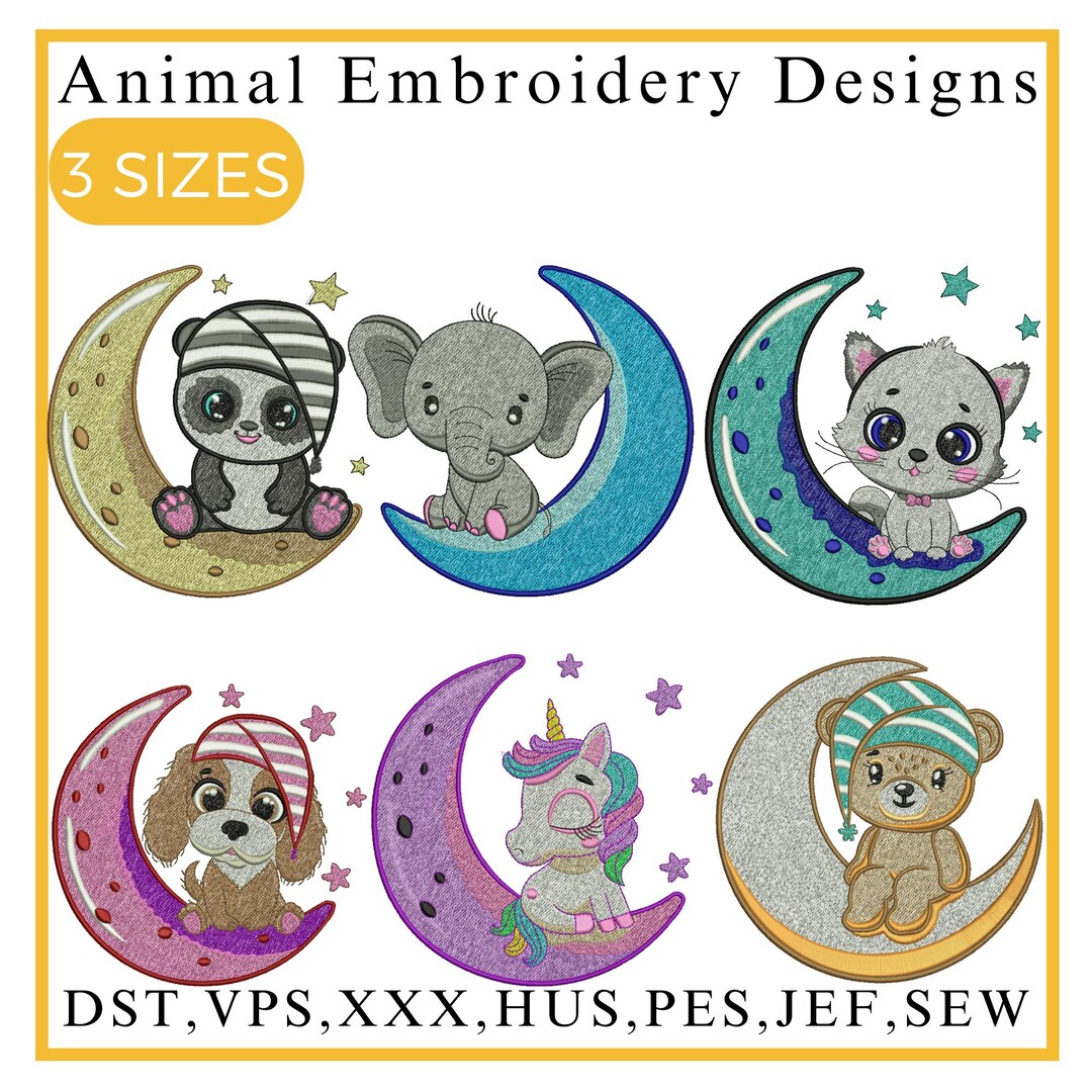 Animals Embroidery Design, Animal on Moon Embroidery, Safari Embroidery ...