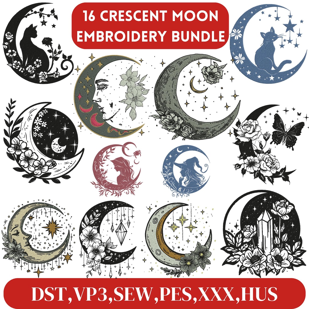 Moon Embroidery Design, Floral Moon Embroidery, Moon Silhouette, Moon ...