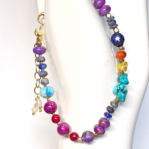 Colorful Gemstone Bracelet, Rainbow Gem Beaded Bracelet, Hand Knotted ...