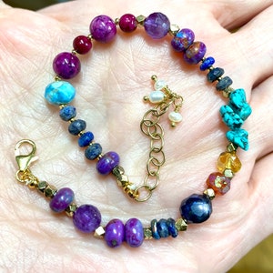 Colorful Gemstone Bracelet, Rainbow Gem Beaded Bracelet, Hand Knotted ...