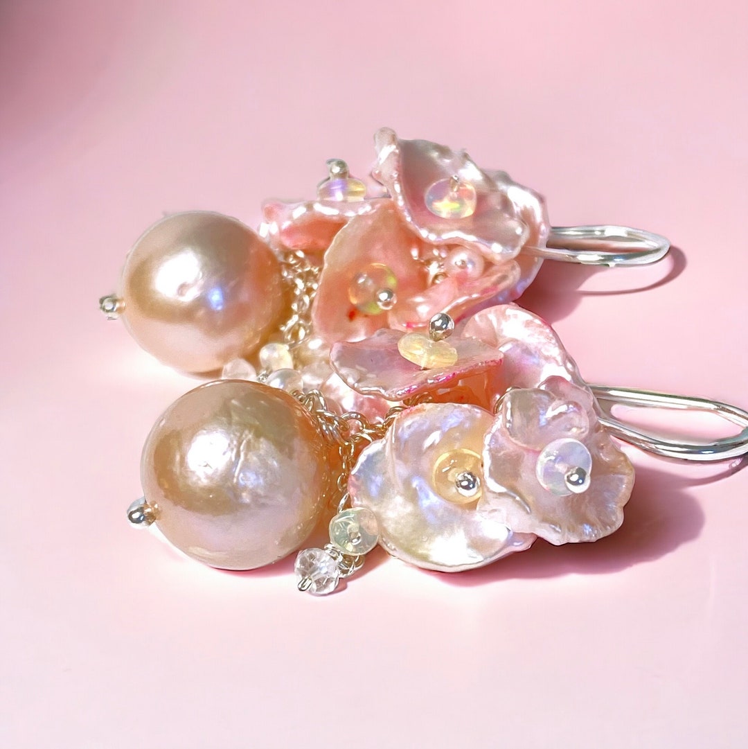 Round Pink Pearl Cluster Earring, Blush Pink Edison Pearl With Pink ...