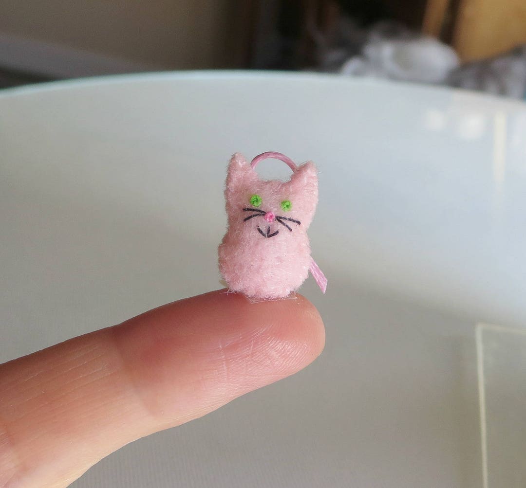 Tiny Pink Cat Stuffed Animal -miniature Felt- Handmade Plush, Dollhouse ...