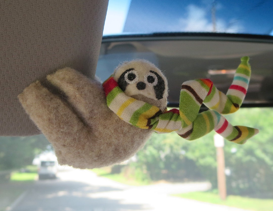 Felt Sloth Car Visor Hugger, Striped Scarf, Miniature Plush Animal - Etsy