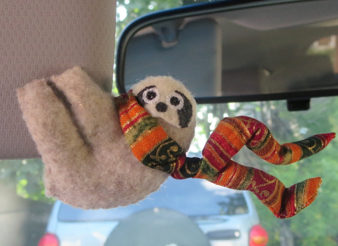 Sloth Car Visor Hugger With Gold Fleck Scarf - Miniature Felt Stuffed ...