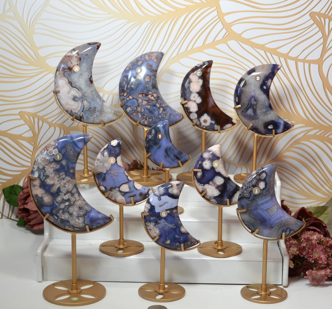 Blue Flower Agate Moon Crystal Home Decor for Meditation Wellness ...