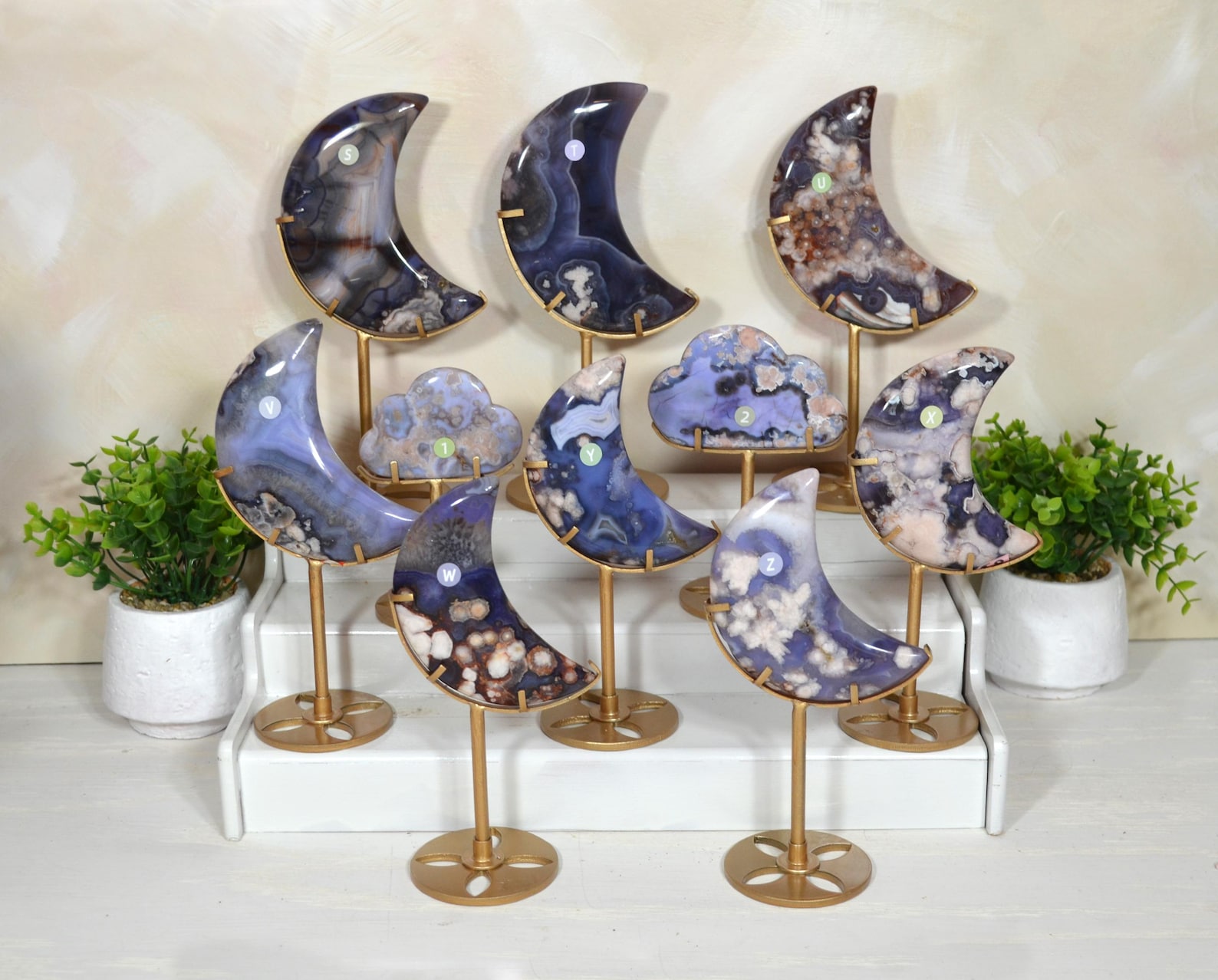 Blue Flower Agate Moon Crystal Home Decor for Meditation Wellness ...