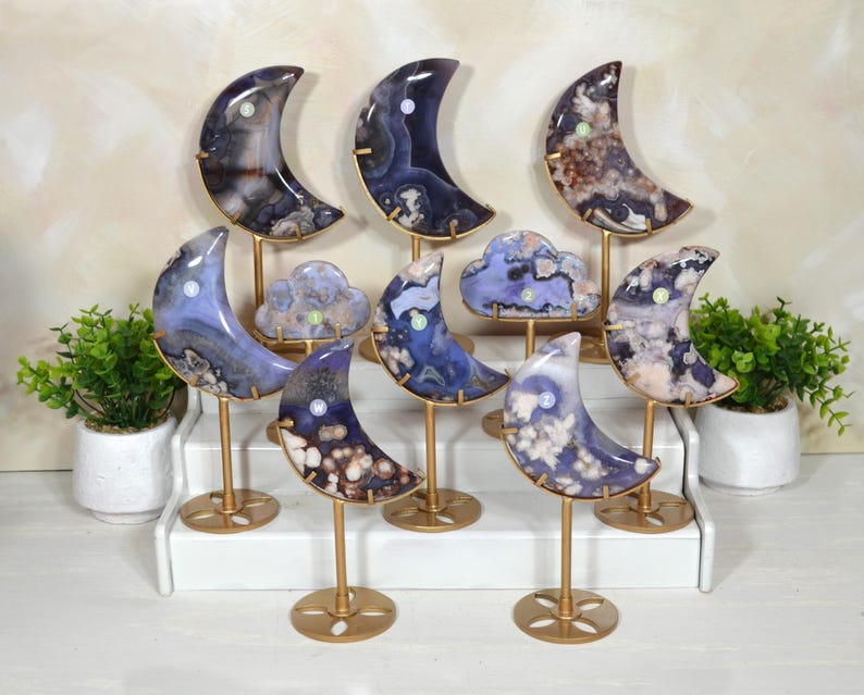 Blue Flower Agate Moon Crystal Home Decor for Meditation Wellness ...