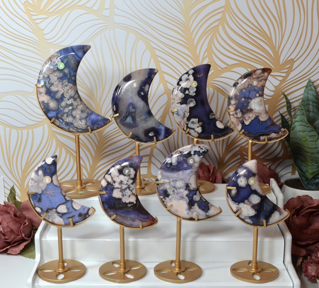 Blue Flower Agate Moon Crystal Home Decor for Meditation Wellness ...