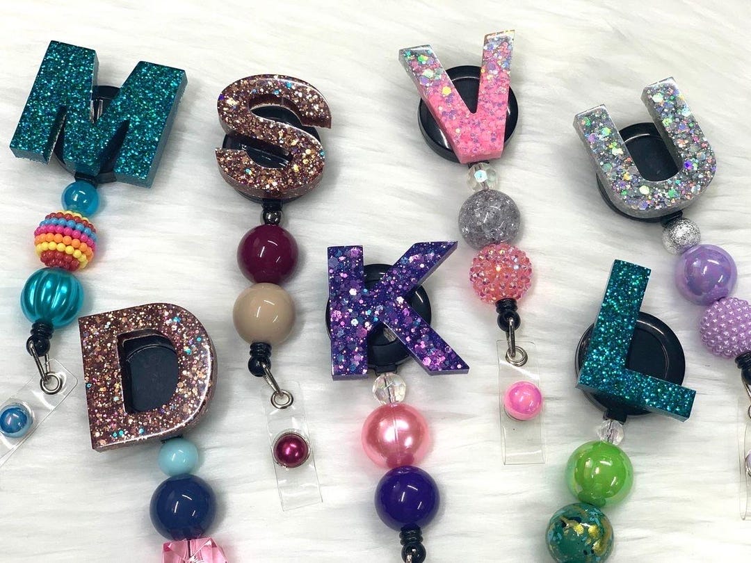 Personalized Glitter Letter Badge Reel | Custom Initial ID Holder With ...
