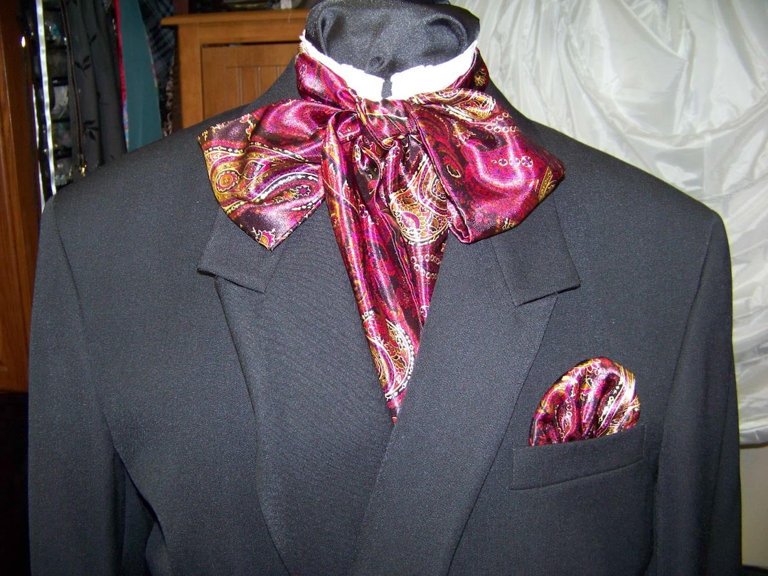 Ascot or Carvat Dickens Red,gold, Black and Burgundy Silkily Fabric 4 ...