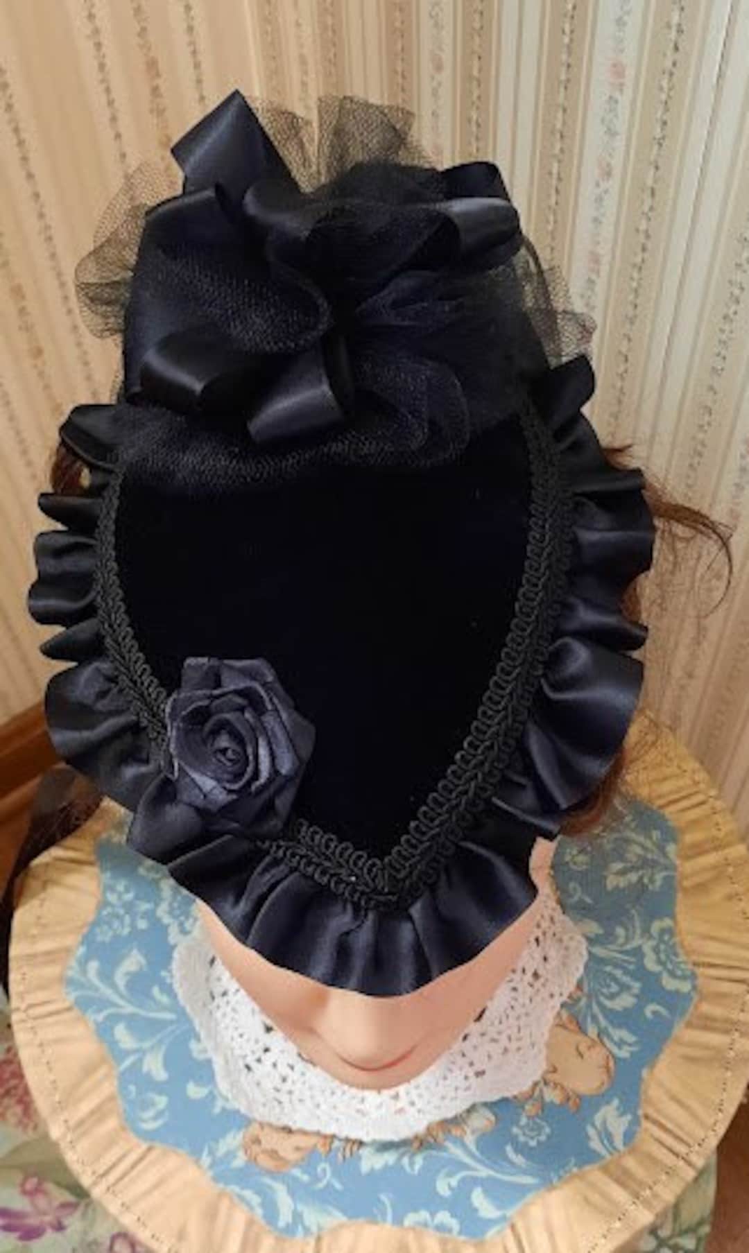 Teardrop Hat Ladies Black Velvet Victorian Civil War Black Satin Ruffle ...