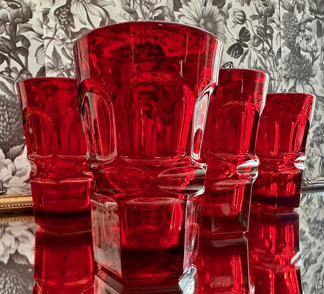 Fostoria Argus Ruby Red Henry Ford Museum HFM UV Glow Heavy Tumbler-set ...