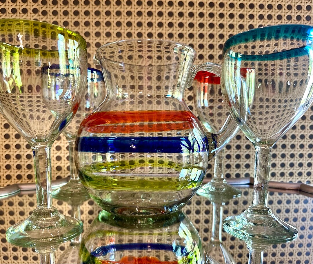 Amici Baja Collection Mexican Artisan Handblown Pitcher and Four ...