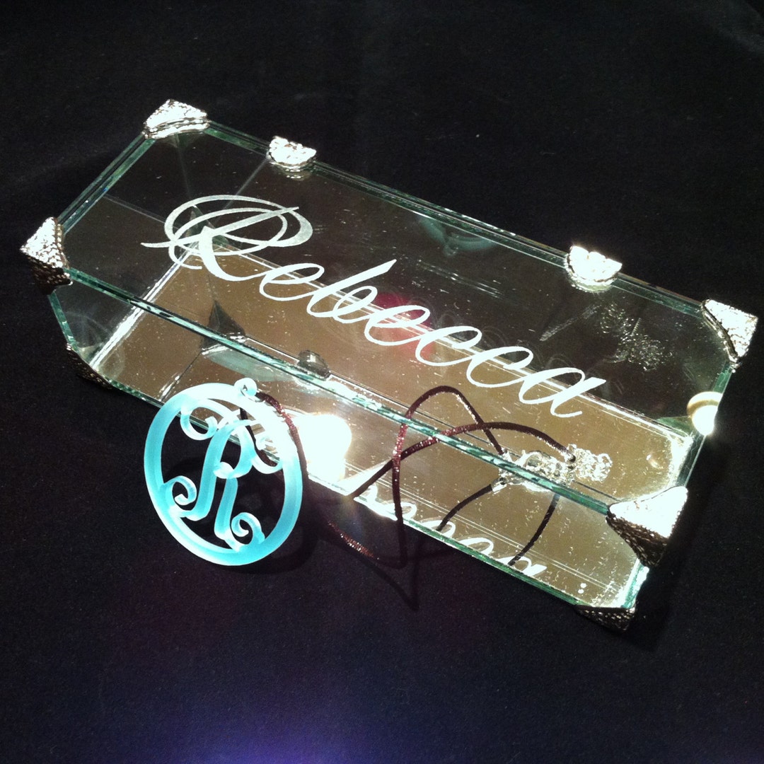 Elegant Glass Jewelry Box. 8"x3" . Engraved Name, Monogram, Mirror ...