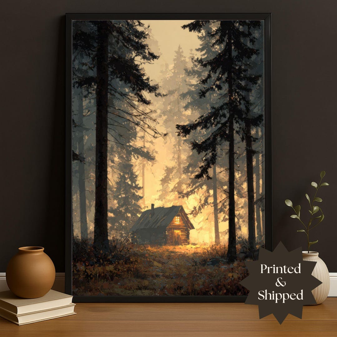 Cozy Cabin Forest Poster Glowing Woodland Sunset Wall Art Rustic ...