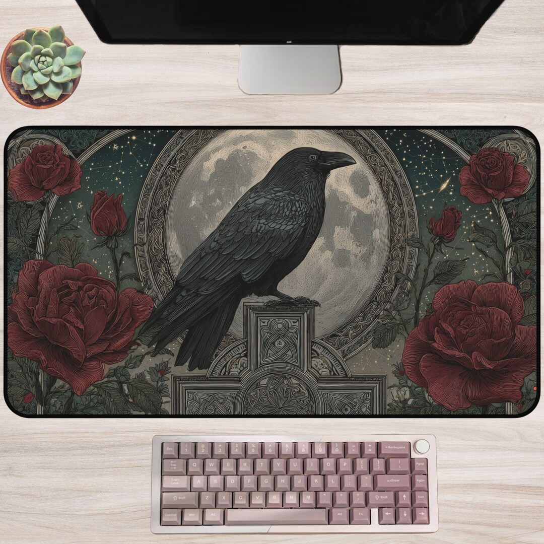 Raven Moon Desk Mat/mouse Pad: Gothic Floral Crow Design, Dark Academia ...