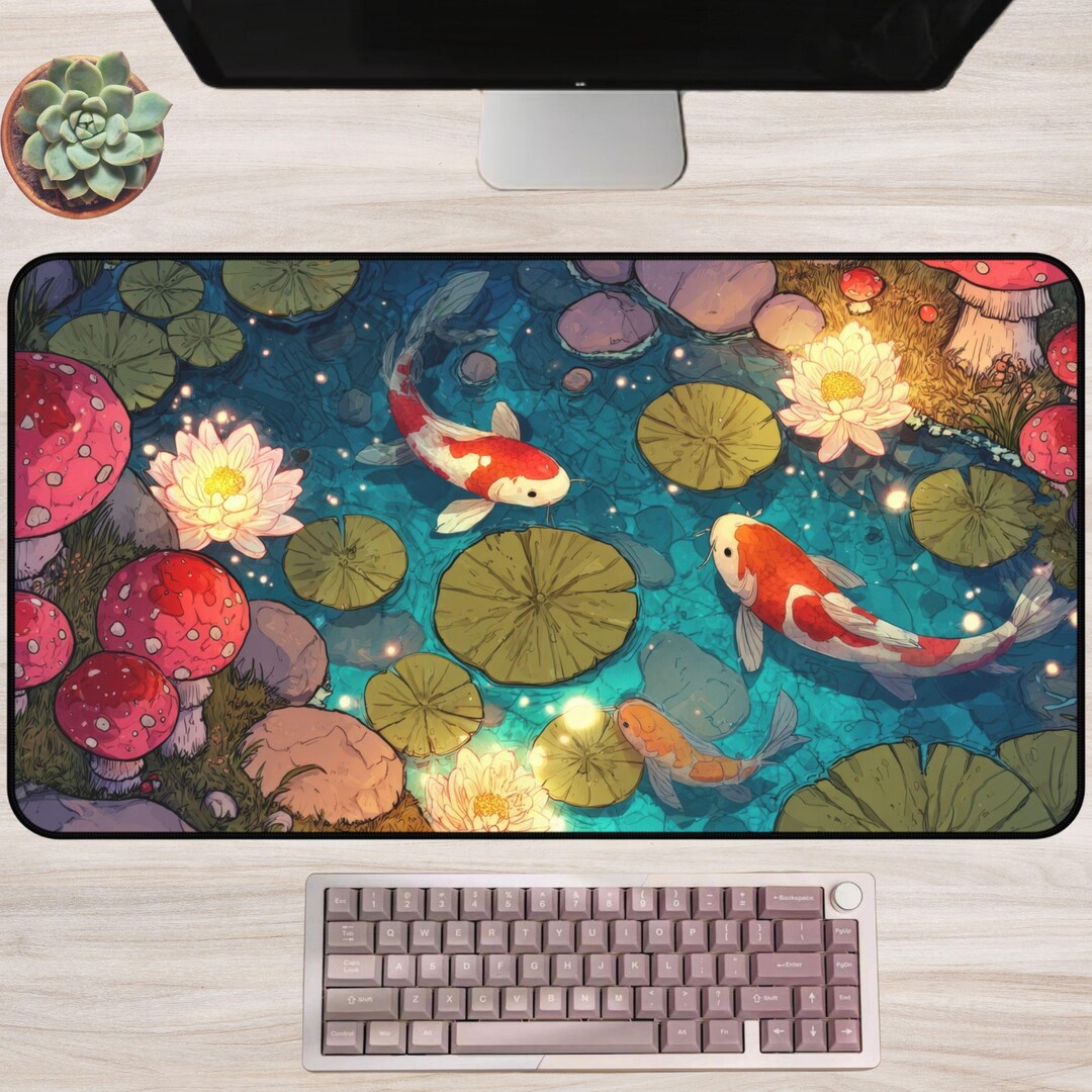 Kawaii Koi Fish Desk Mat W Lilypads & Mushrooms Cute Fantasy Pond Scene ...