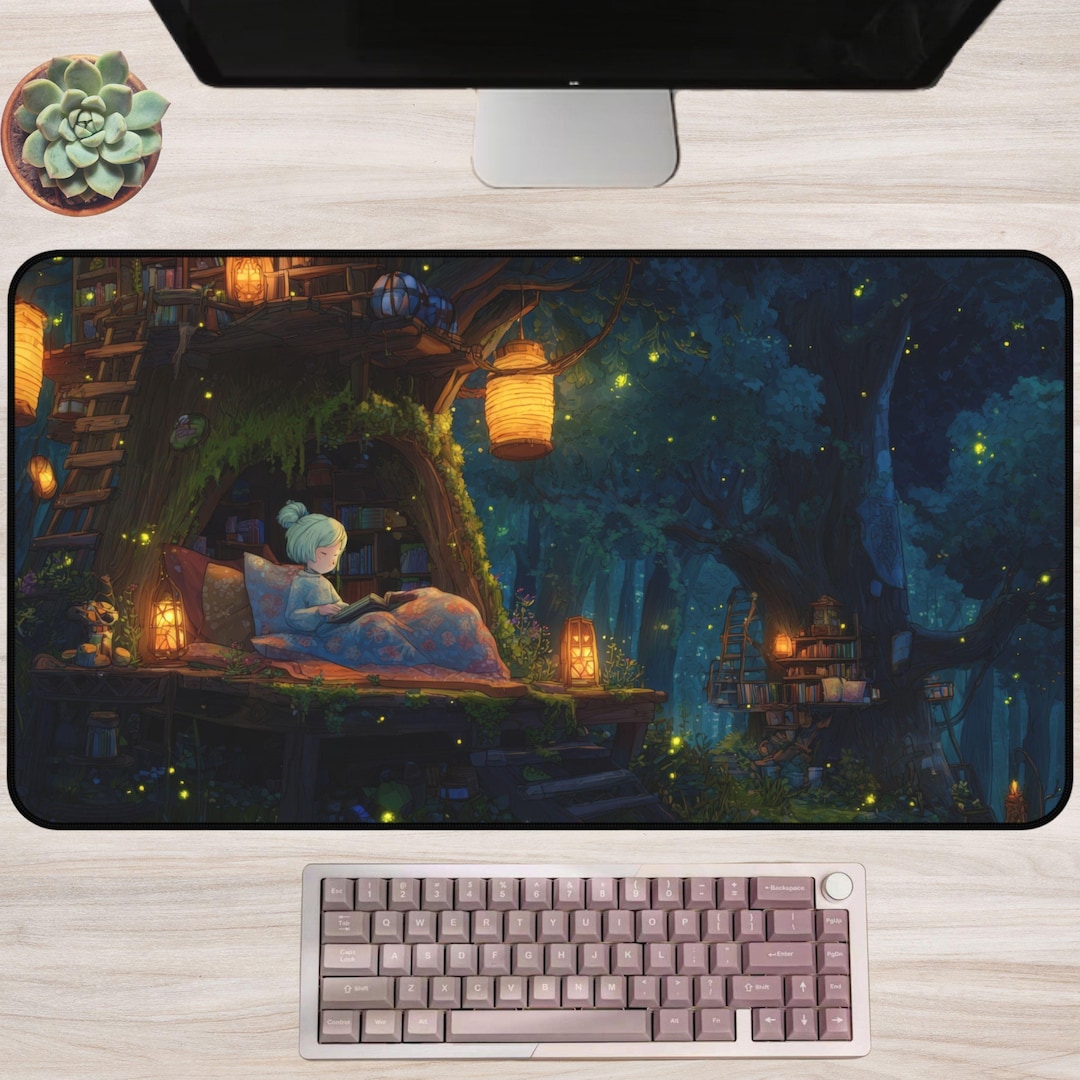 Cozy Forest Treehouse Gaming Desk Mat Large Mouse Pad Lofi Anime ...