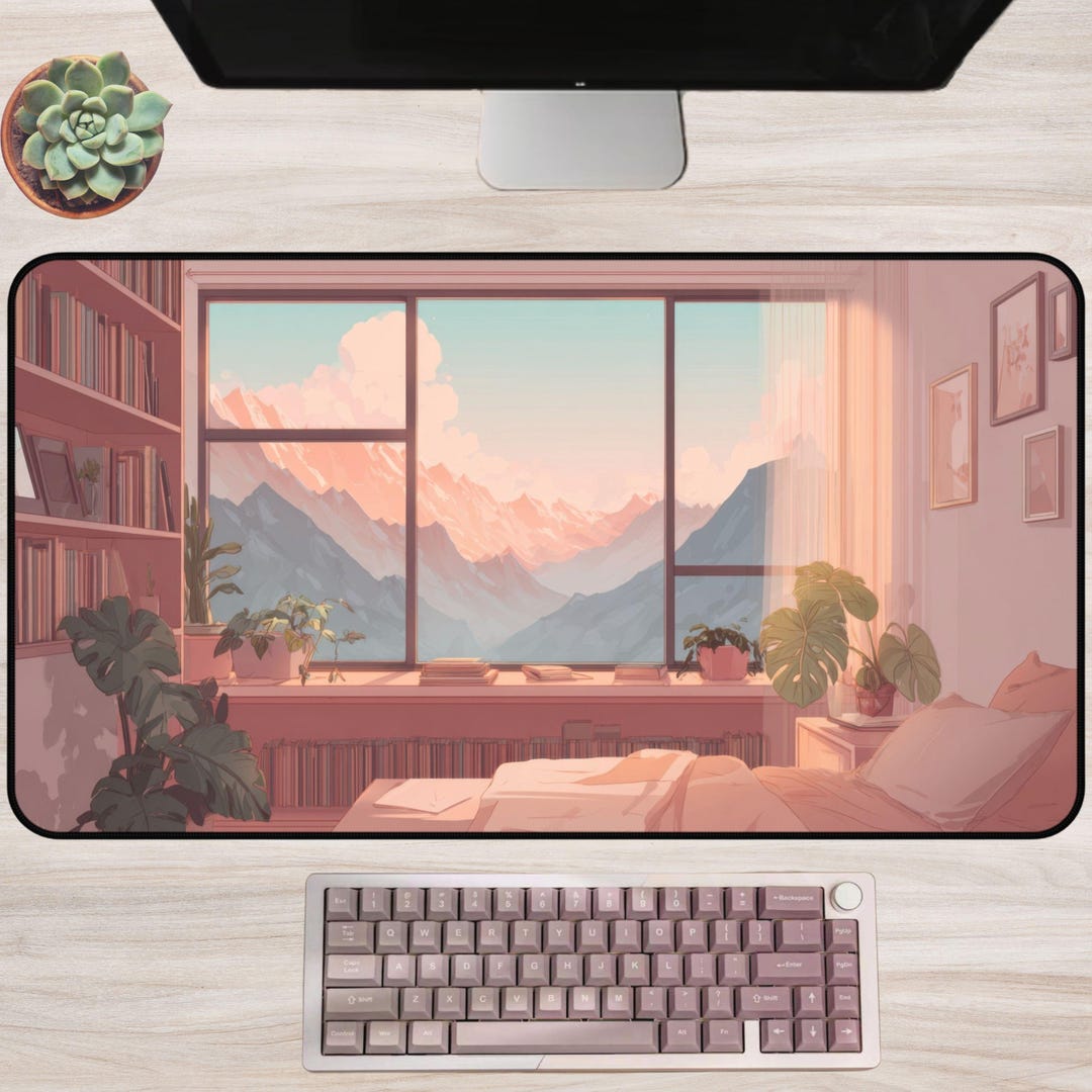 Lo-fi Desk Mat | Cozy Bedroom With Mountain View, Aesthetic Window ...