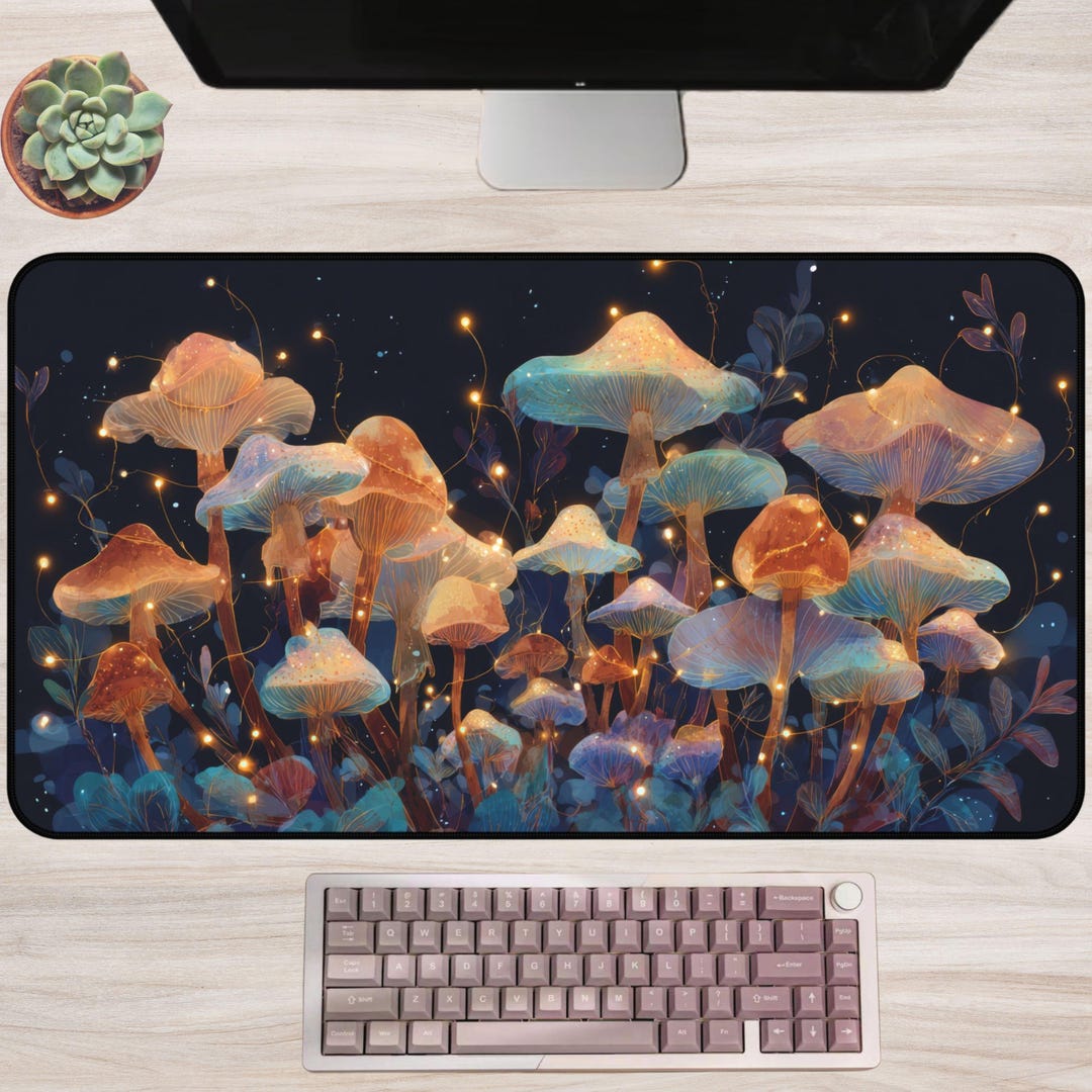 Mushroom Forest Desk Mat Fantasy Fungi Mouse Pad Large Desk Pad Glowing ...