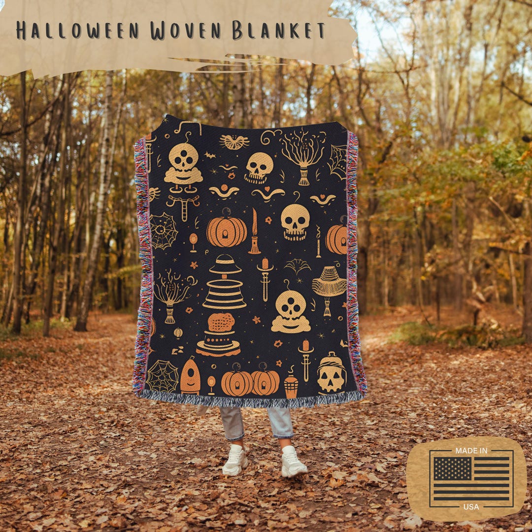 Cozy Spooky Halloween Woven Blanket | Skeletons and Jack O' Lanterns ...