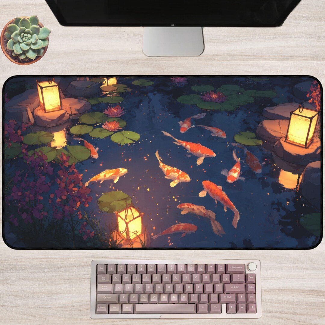 Lo Fi Koi Pond Desk Mat With Glowing Lanterns and Fish Nighttime Garden ...