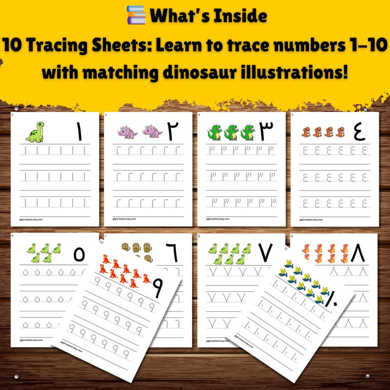 Arabic Number Worksheets: Dinosaur Counting & Tracing (PDF) - Etsy
