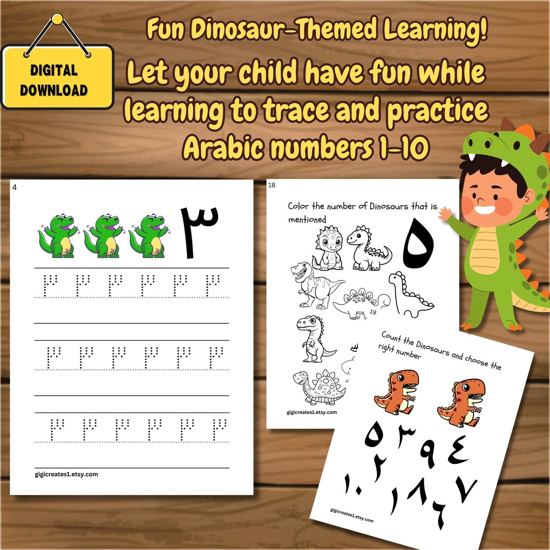 Dinosaur Arabic Number Tracing Worksheets: Fun Learning (digital ...