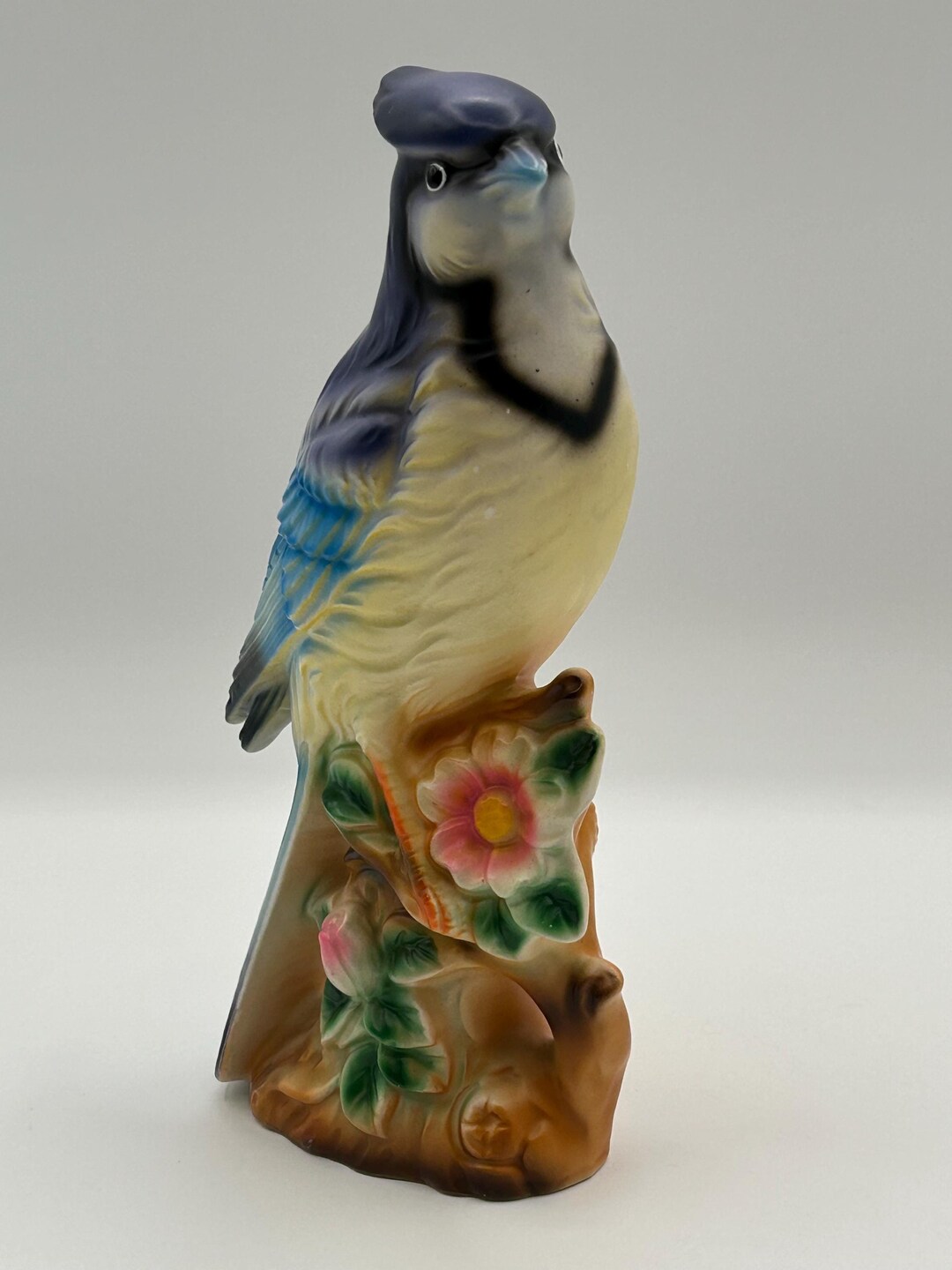 Vintage Mid Century Hand Painted Ceramic Blue Bird & Florals Figurine ...
