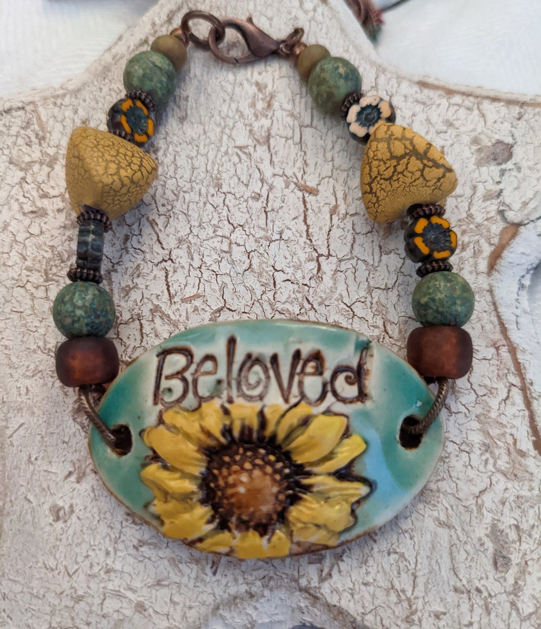 Beloved Bracelet-ceramic Beaded Bracelet-rustic Bracelet-sunflower ...