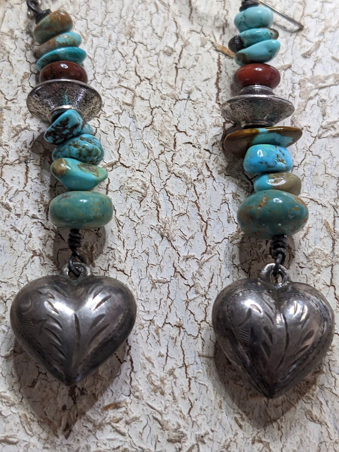 Engraved Turquoise Sterling Silver Heart Earrings – Vintage Carico Lake ...