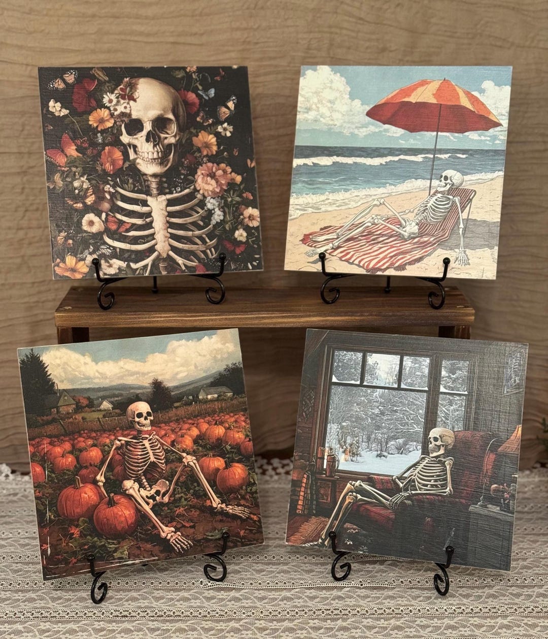 Whimsical Skeleton Decoupage Panel Set: Four Seasons Art - Etsy