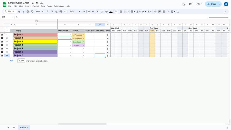 Simple Gantt Chart for Google Sheets and Excel - Etsy