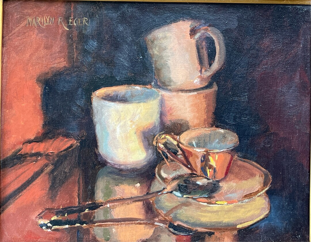 Original Oil Painting Still Life, Cups Stacked With Cup & Saucer Still ...